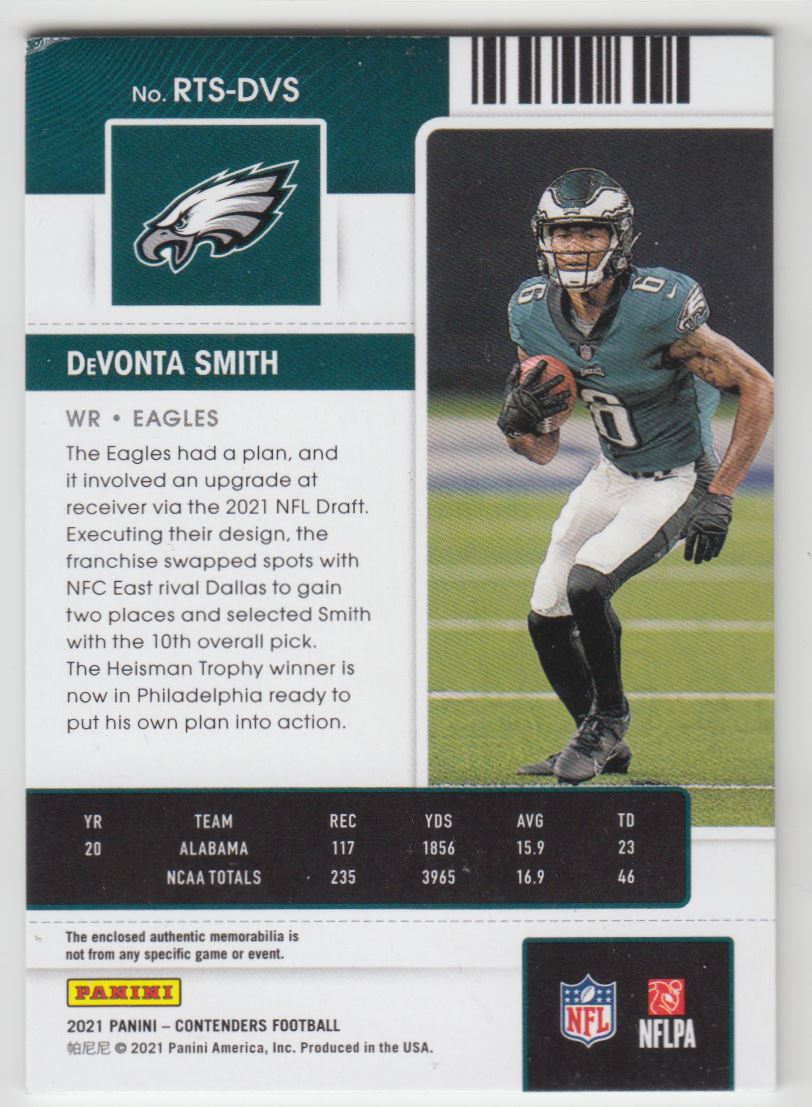 2021 Panini Contenders Rookie Ticket Swatches DeVonta Smith #RTS-DVS on ...