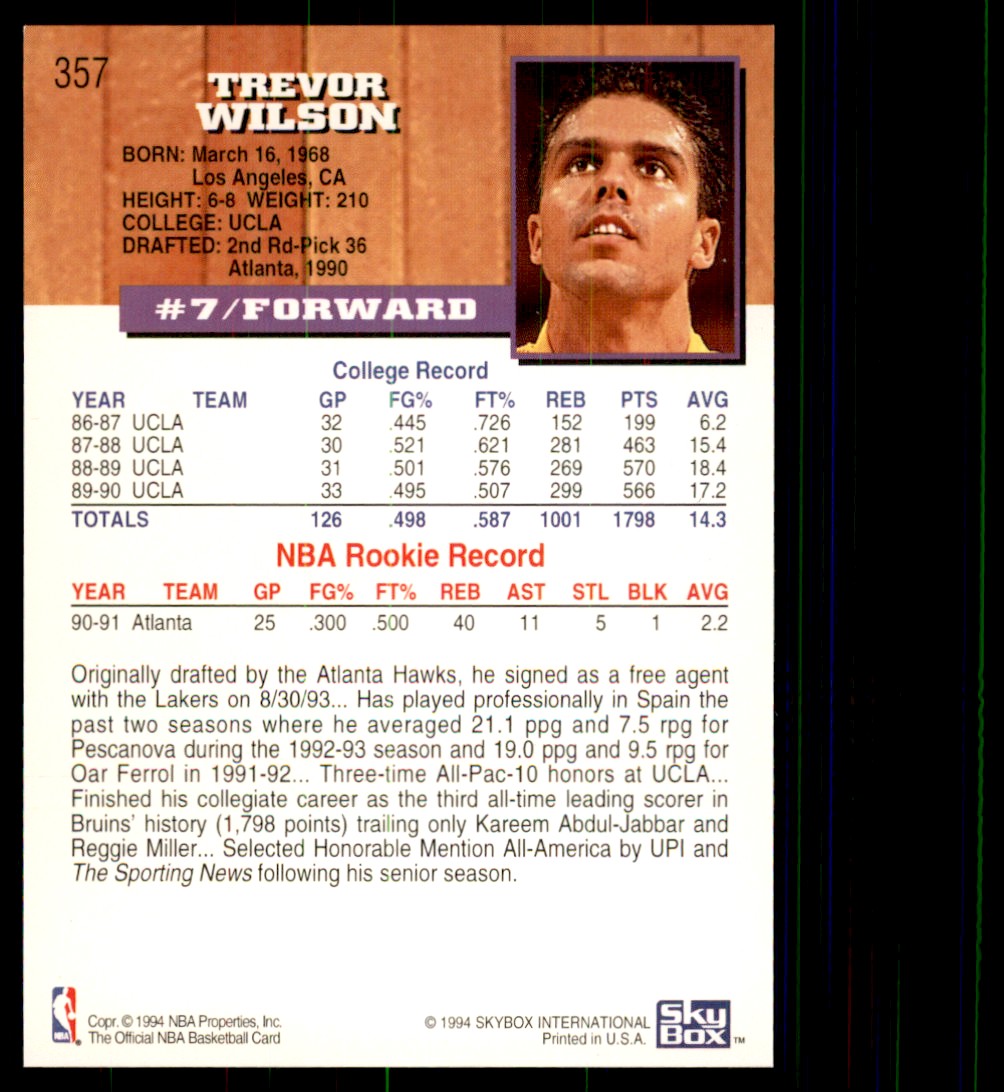 1993-94 NBA Hoops Trevor Wilson #357 on Kronozio