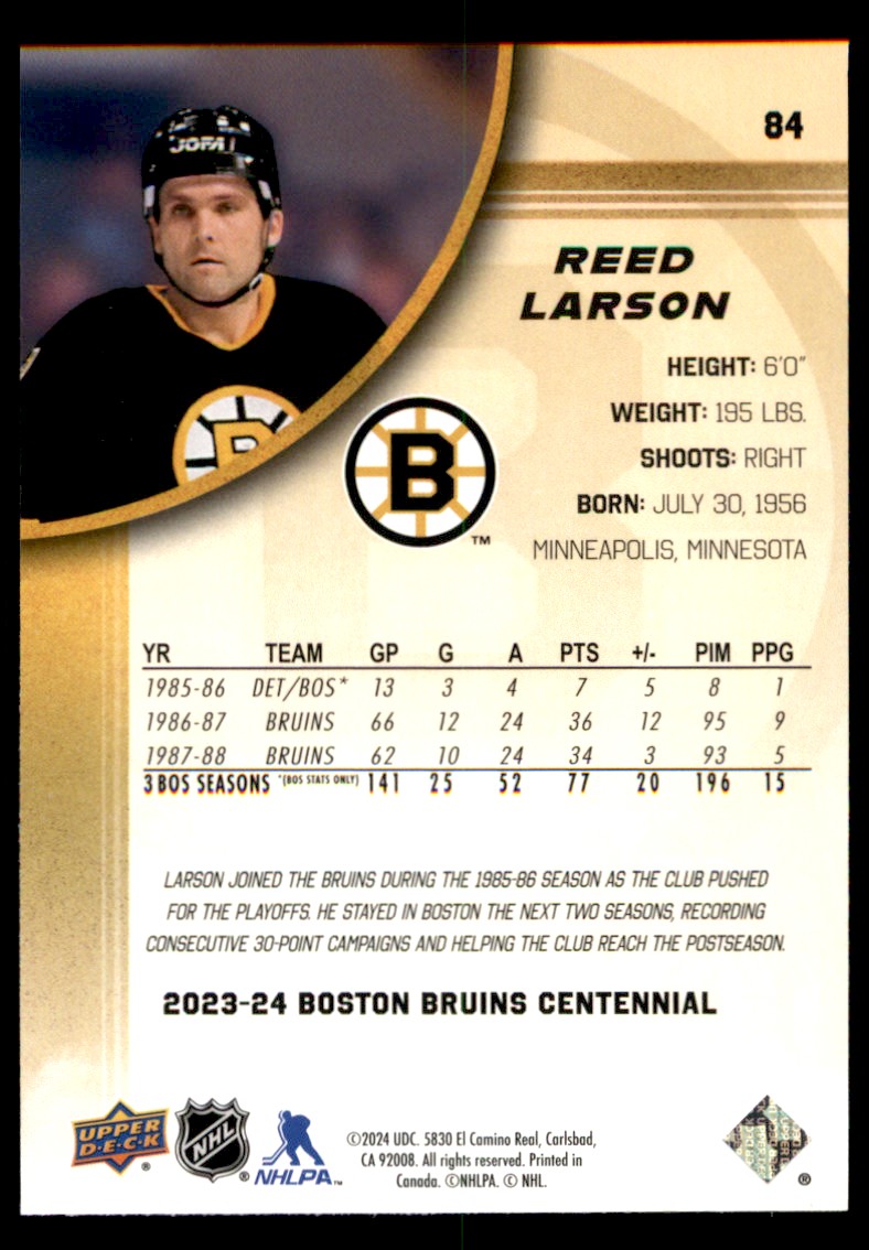 2023-24 Upper Deck Boston Bruins Centennial Yellow Parallel Reed Larson ...
