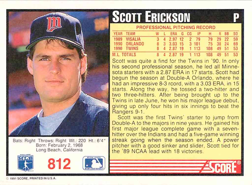 1991 Score Scott Erickson #812 on Kronozio