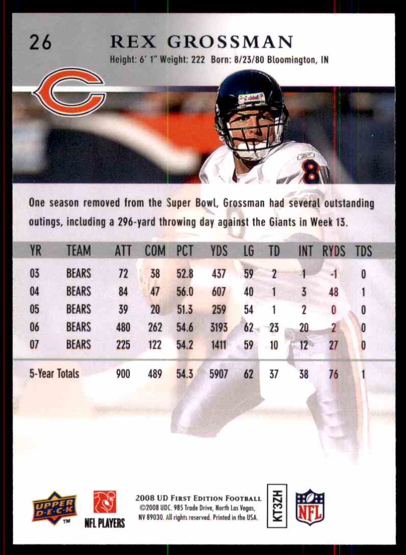 2008 Upper Deck First Edition Football Card Rex Grossman #26 on Kronozio