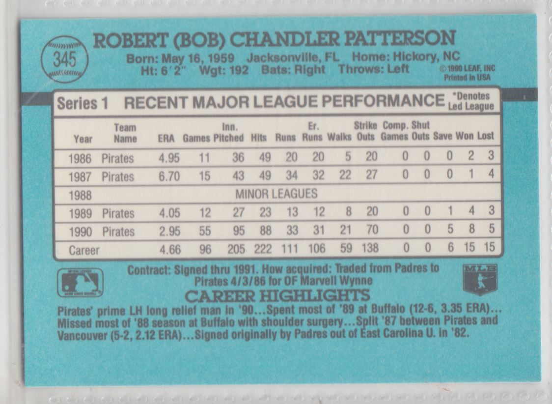 1991 Donruss Bob Patterson #345 on Kronozio