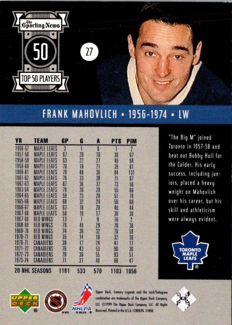 1999-00 Upper Deck Century Legends Frank Mahovlich #27 on Kronozio