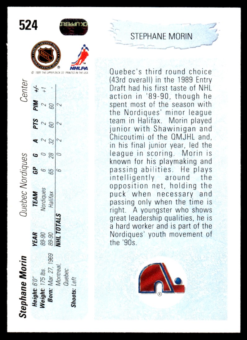 1990-91 Upper Deck Stephane Morin #524 on Kronozio