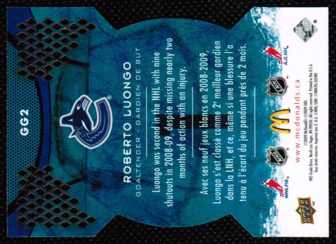 2009-10 Upper Deck McDonald's Goaltending Greats Roberto Luongo #GG2 on ...