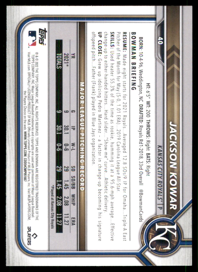 2022 Bowman Jackson Kowar RC #40 on Kronozio