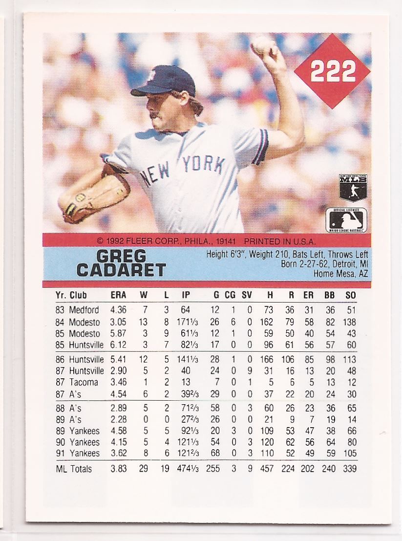 1992 Fleer Greg Cadaret #222 on Kronozio