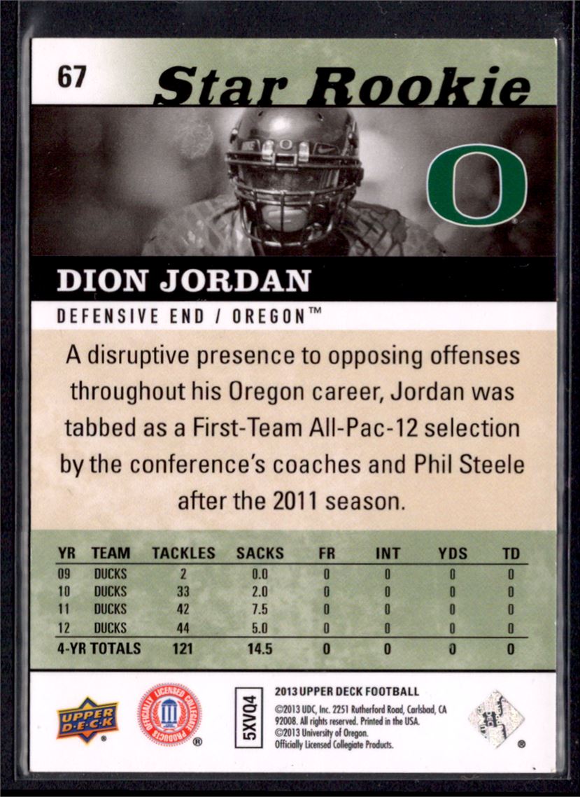 2013 Upper Deck Rookie Autographs Dion Jordan #67 on Kronozio