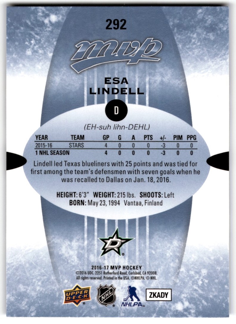 2016-17 Upper Deck MVP Esa Lindell #292 on Kronozio