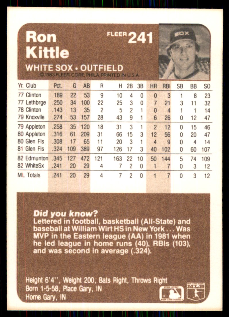 1983 Fleer Ron Kittle #241 on Kronozio