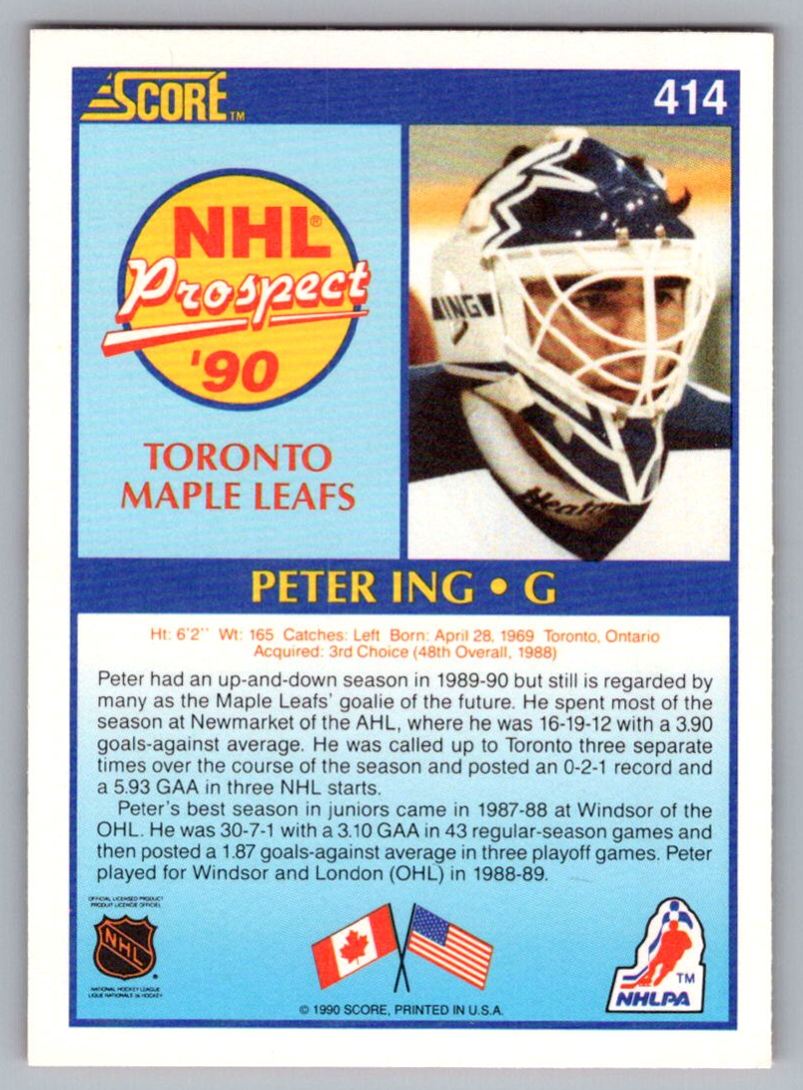 1990-91 Score American Peter Ing #414 on Kronozio