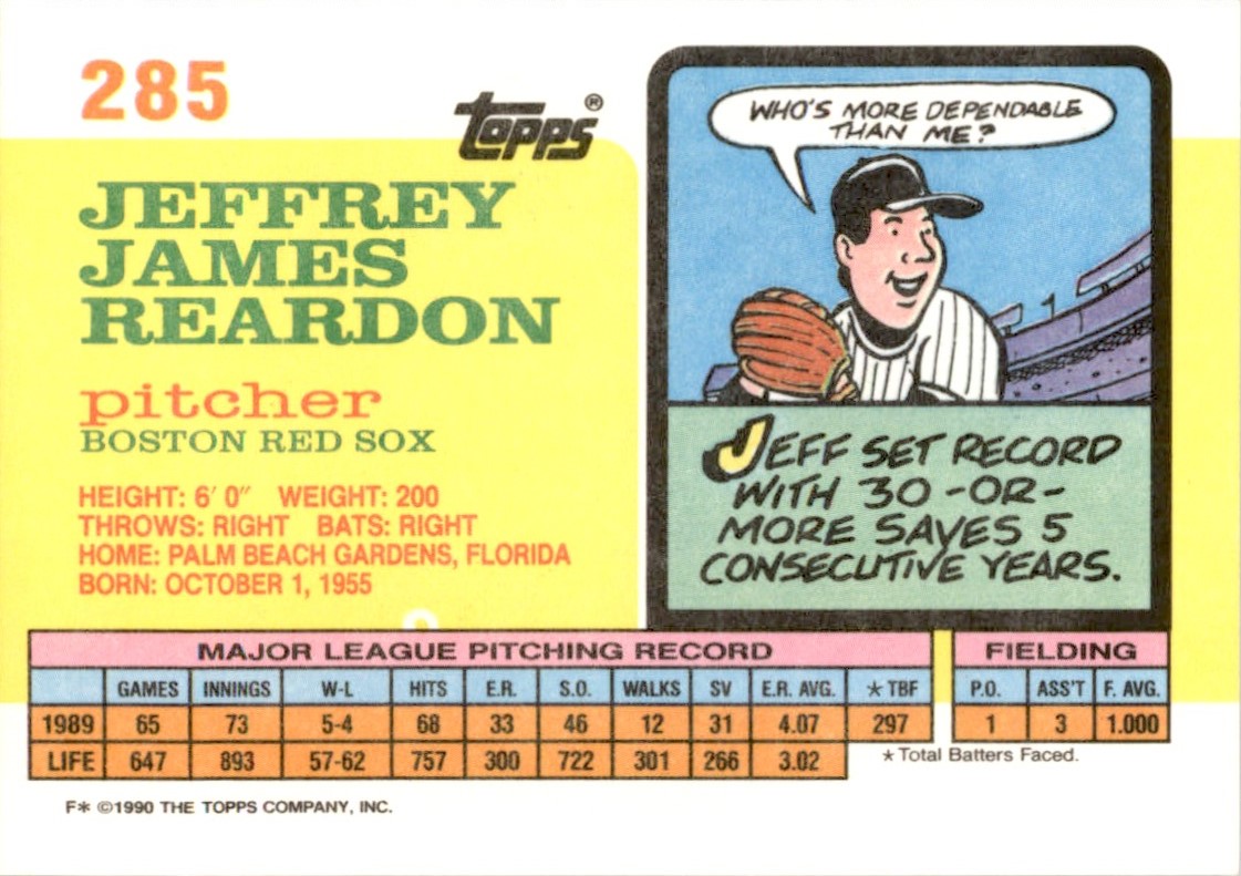 1990 Topps Big Jeff Reardon (1) #285 on Kronozio
