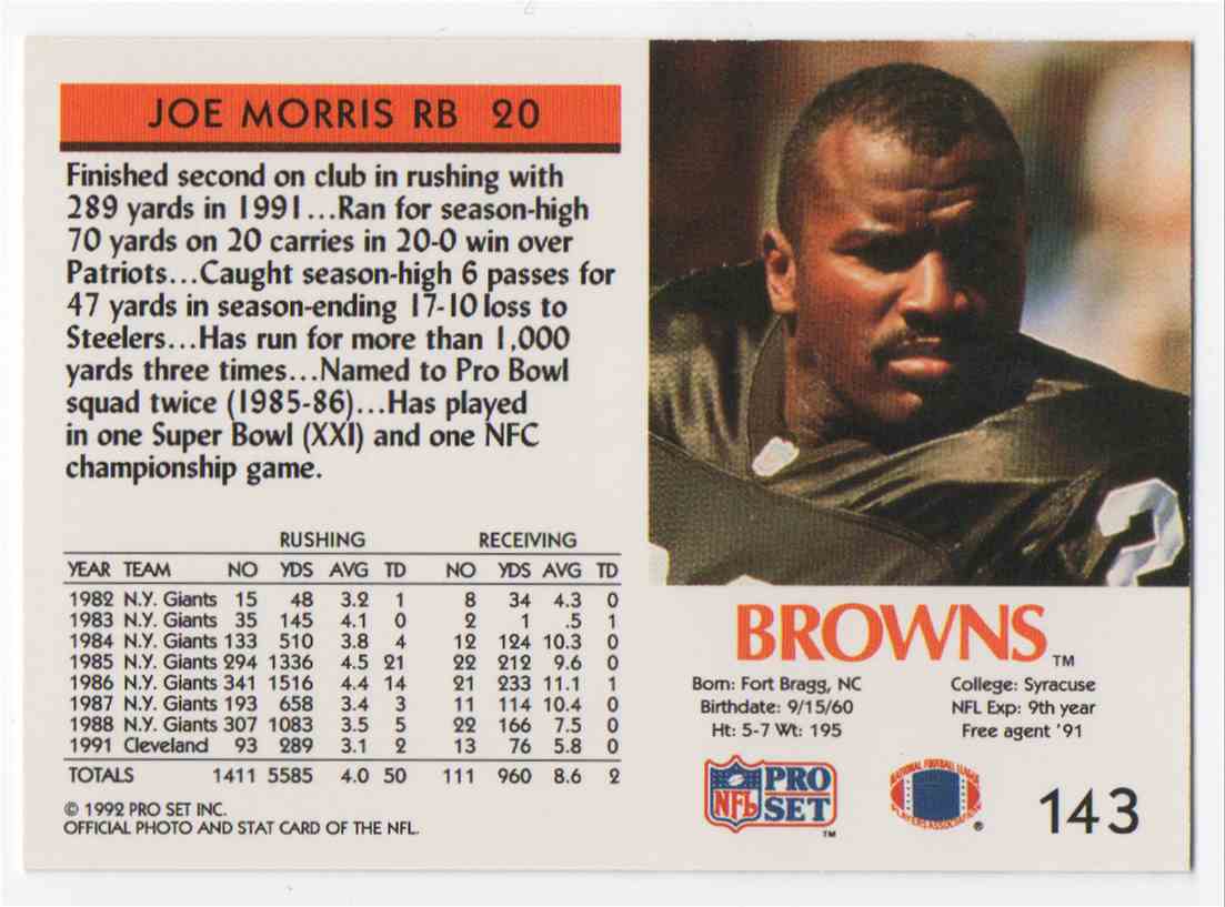 1992 Pro Set Joe Morris #143 on Kronozio