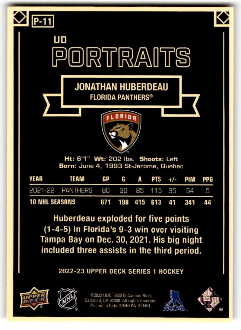 2022-23 Upper Deck UD Portraits Jonathan Huberdeau #P-11 on Kronozio