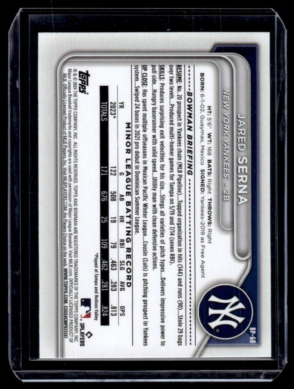 2024 Bowman Prospects Neon Green Jared Serna #BP-68 on Kronozio