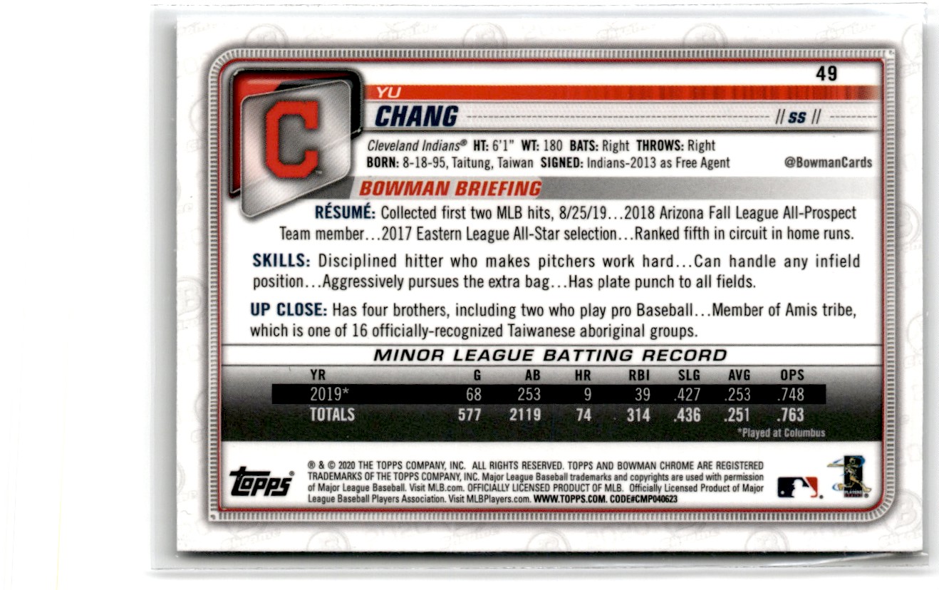 2020 Bowman Chrome Yu Chang #49 on Kronozio