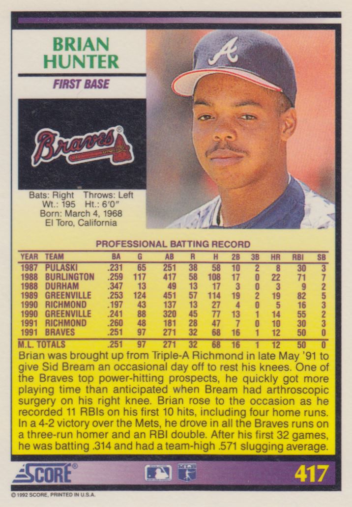 1992 Score Brian Hunter #417 on Kronozio