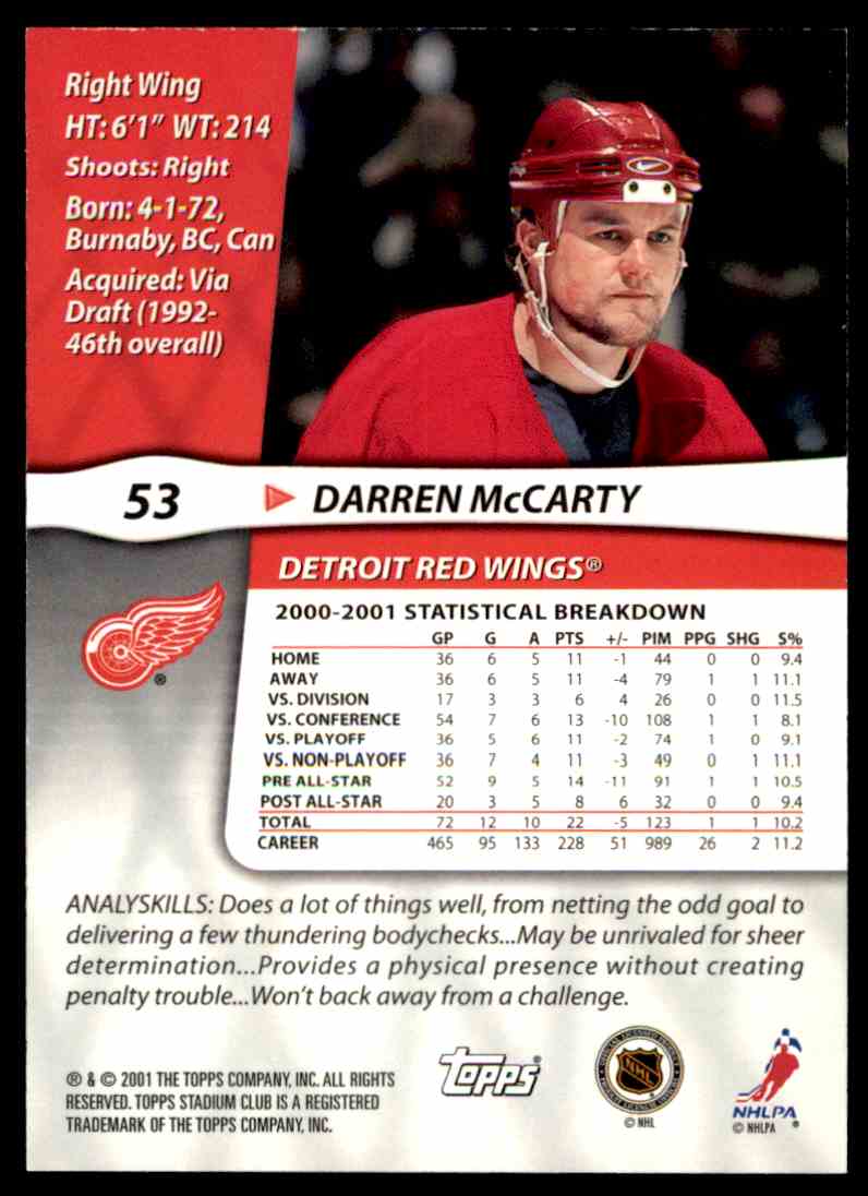 2001-02 Stadium Club Darren McCarty #53 on Kronozio
