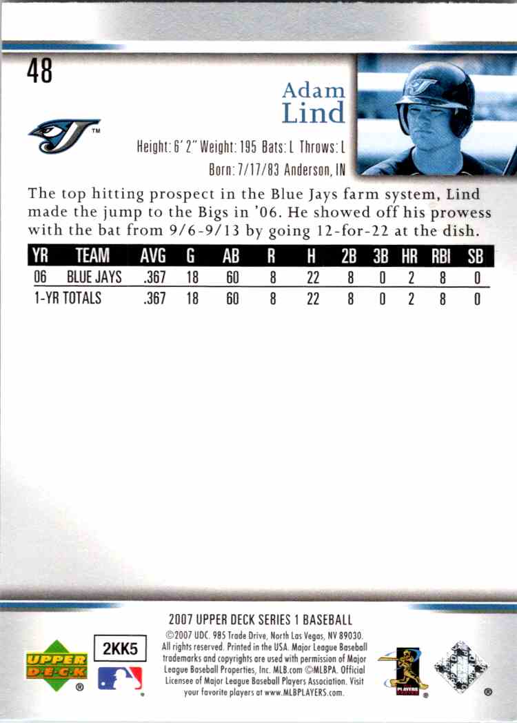 2007 Upper Deck Adam Lind #48 on Kronozio