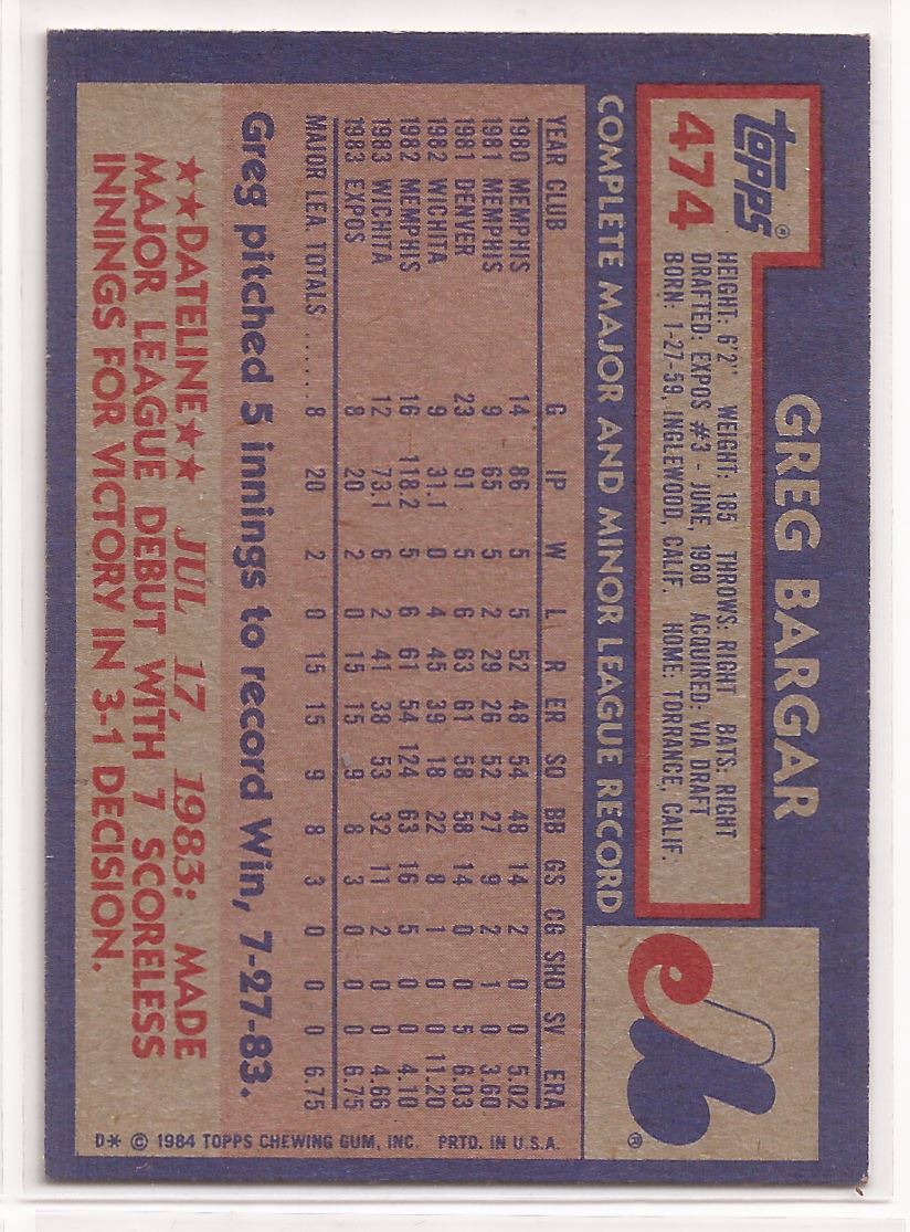 1984 Topps Greg Bargar #474 on Kronozio