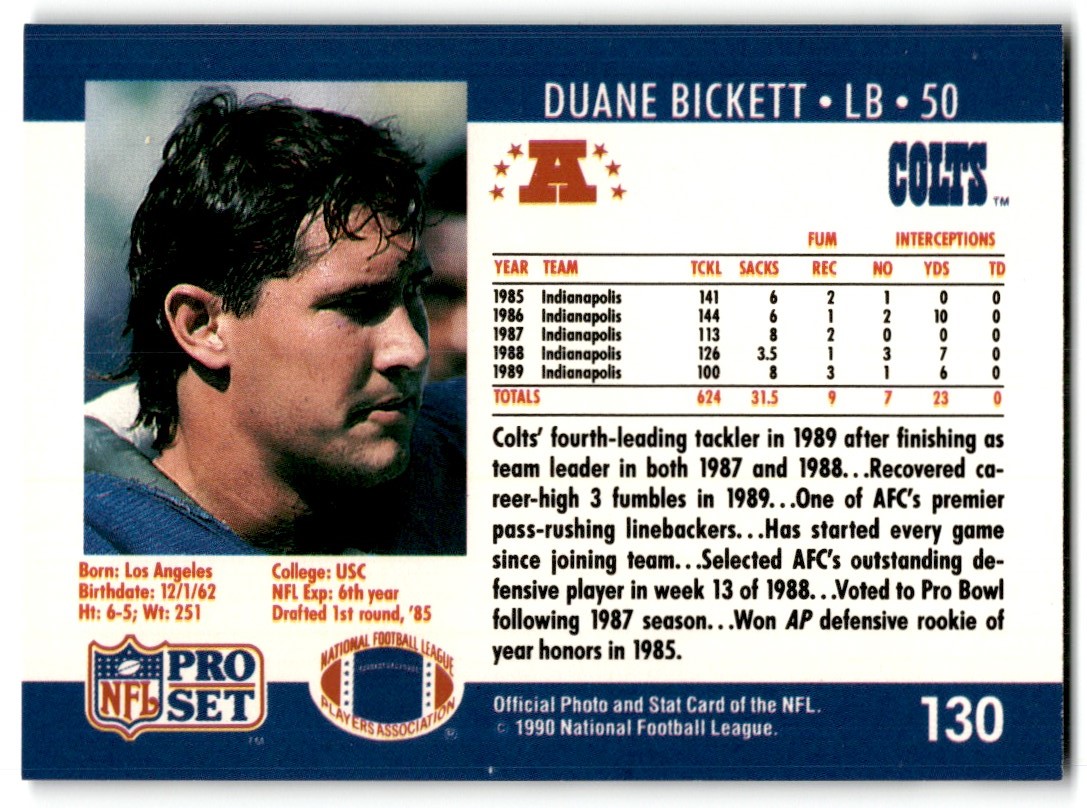 1990 Pro Set Duane Bickett #130 on Kronozio