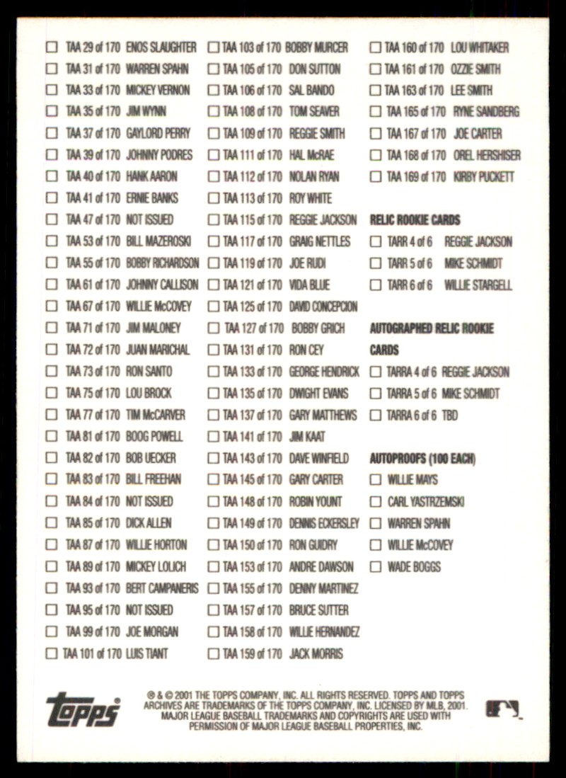 2001 Topps Archives Checklists Checklist Series 2 Checklist: 391-450 ...