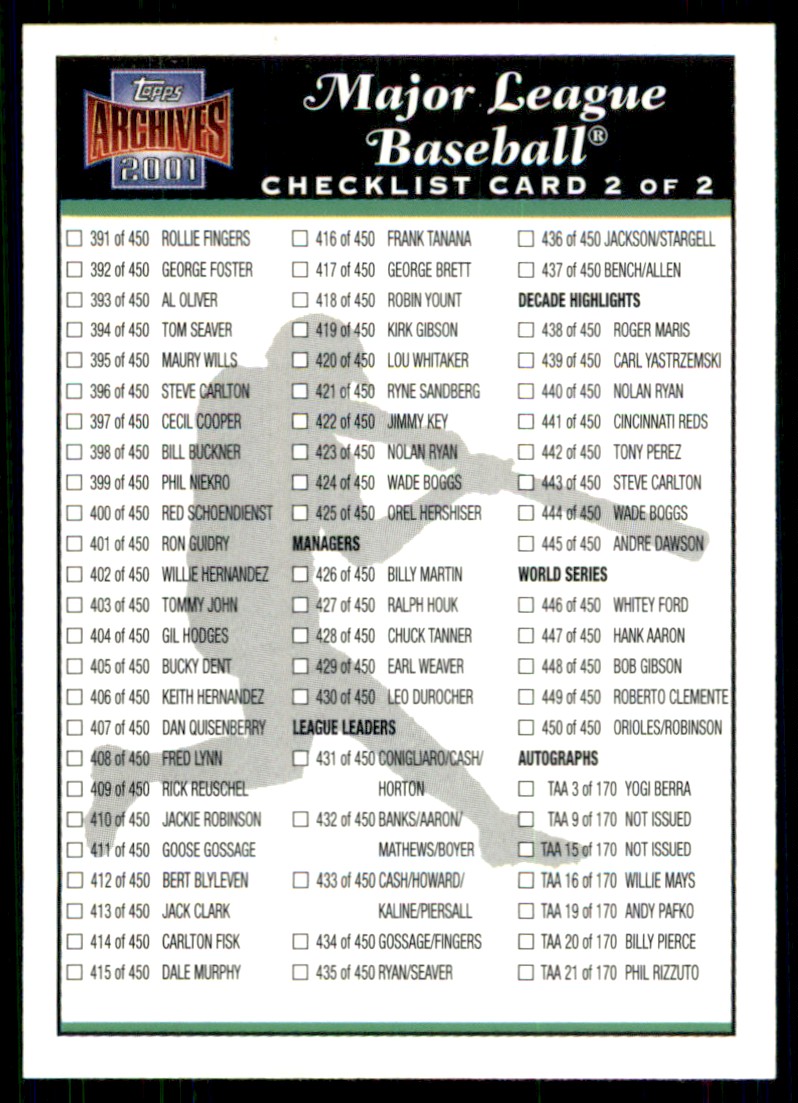 2001 Topps Archives Checklists Checklist Series 2 Checklist: 391-450 and Inserts #2 on Kronozio