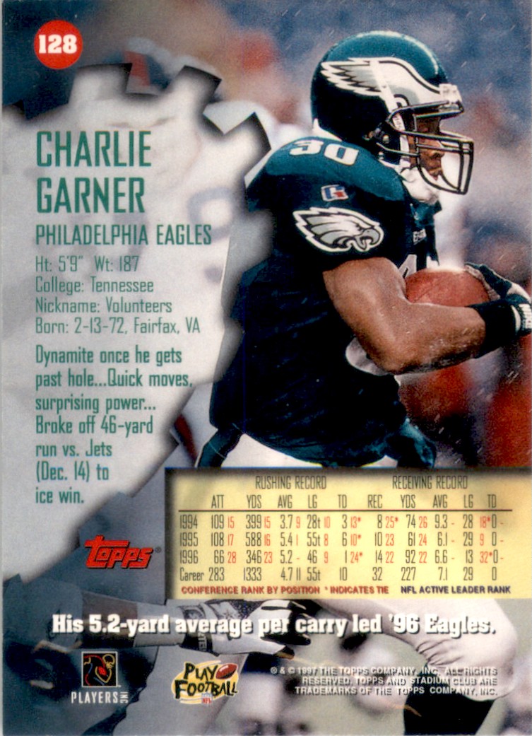 1997 Stadium Club Football Card Charlie Garner #128 on Kronozio