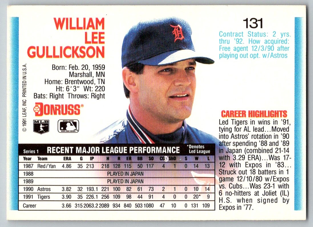 1991 Leaf Donruss 1992 Bill Gullickson #131 on Kronozio