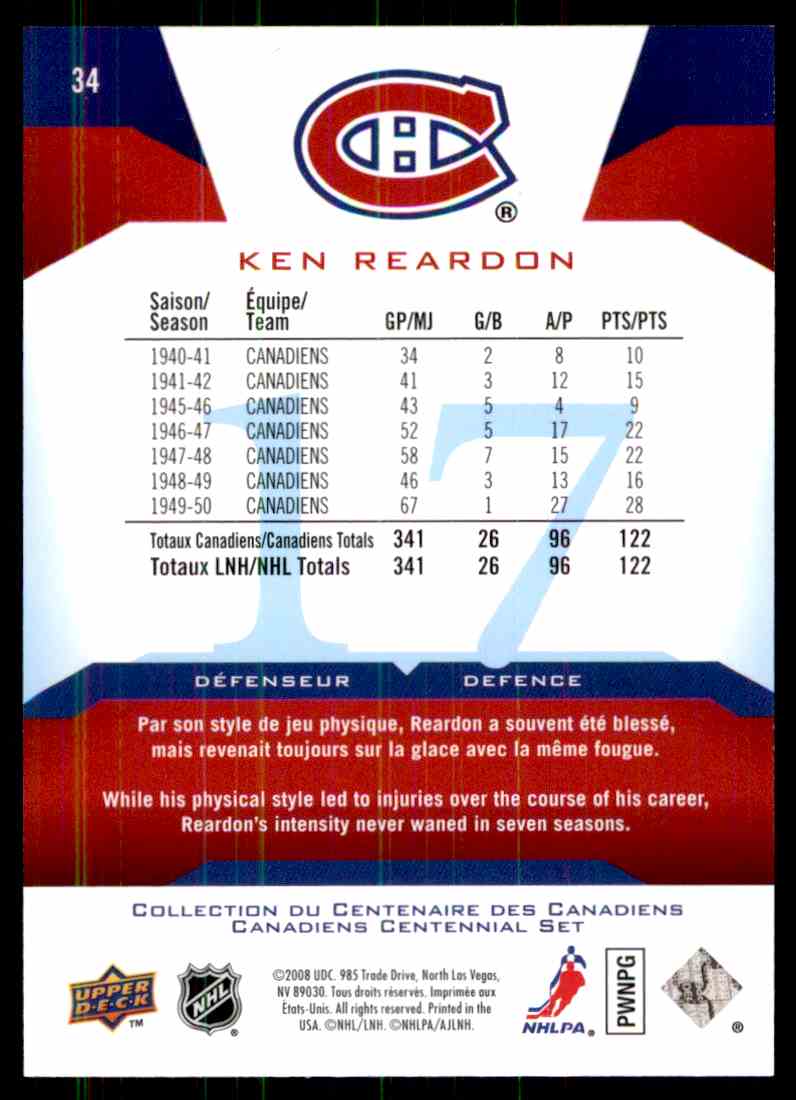 2008-09 Upper Deck Montreal Canadiens Centennial Ken Reardon #34 on ...