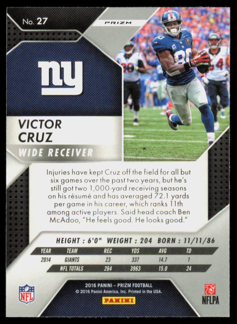 2016 Panini Prizm Football Silver Prizm Victor Cruz #27 on Kronozio