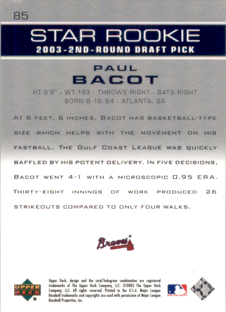 2003 Upper Deck Prospect Premieres Baseball Card Paul Bacot #85 on Kronozio