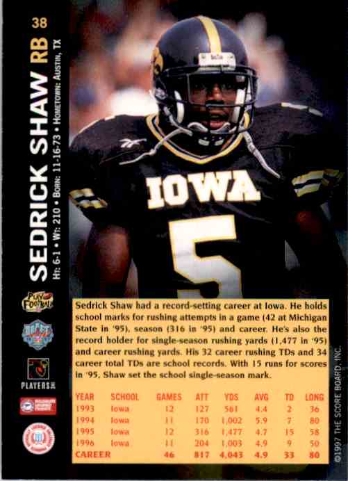 1997 Score Board NFL Rookies Dean's List Sedrick Shaw #38 on Kronozio