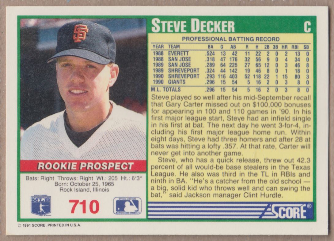 1991 Score Steve Decker #710 on Kronozio