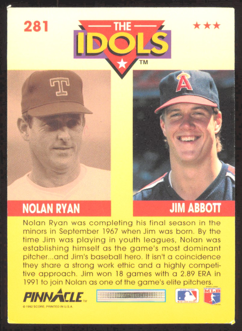 1992 Pinnacle The Idols Jim Abbott/Nolan Ryan #281 on Kronozio