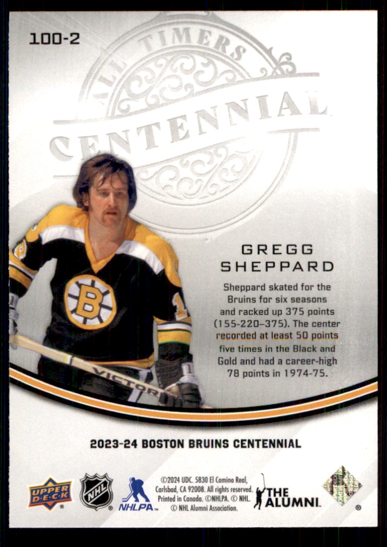 2023-24 Boston Bruins Centennial All-Timers Gold Gregg Sheppard #100-2 ...