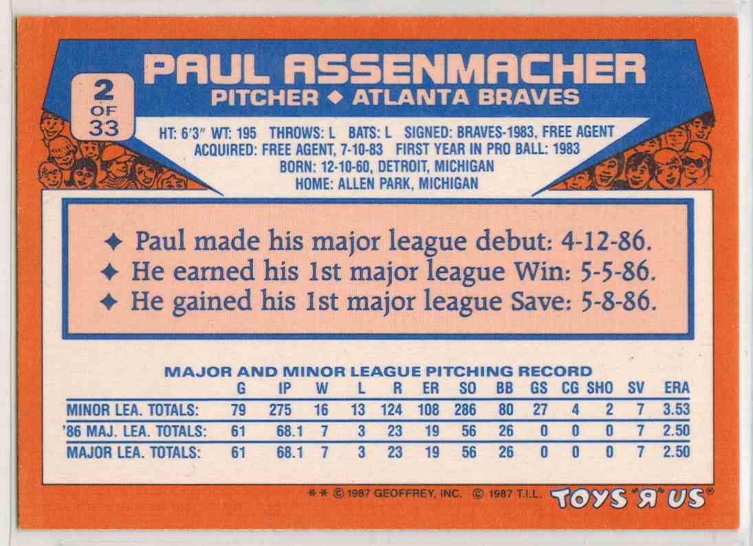 1987 Topps Toys R Us Rookies Paul Assenmacher #2 on Kronozio