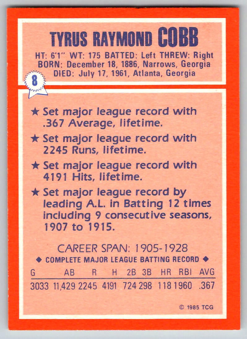 1985 Topps Woolworth All-Time Record Holders Ty Cobb #8 on Kronozio