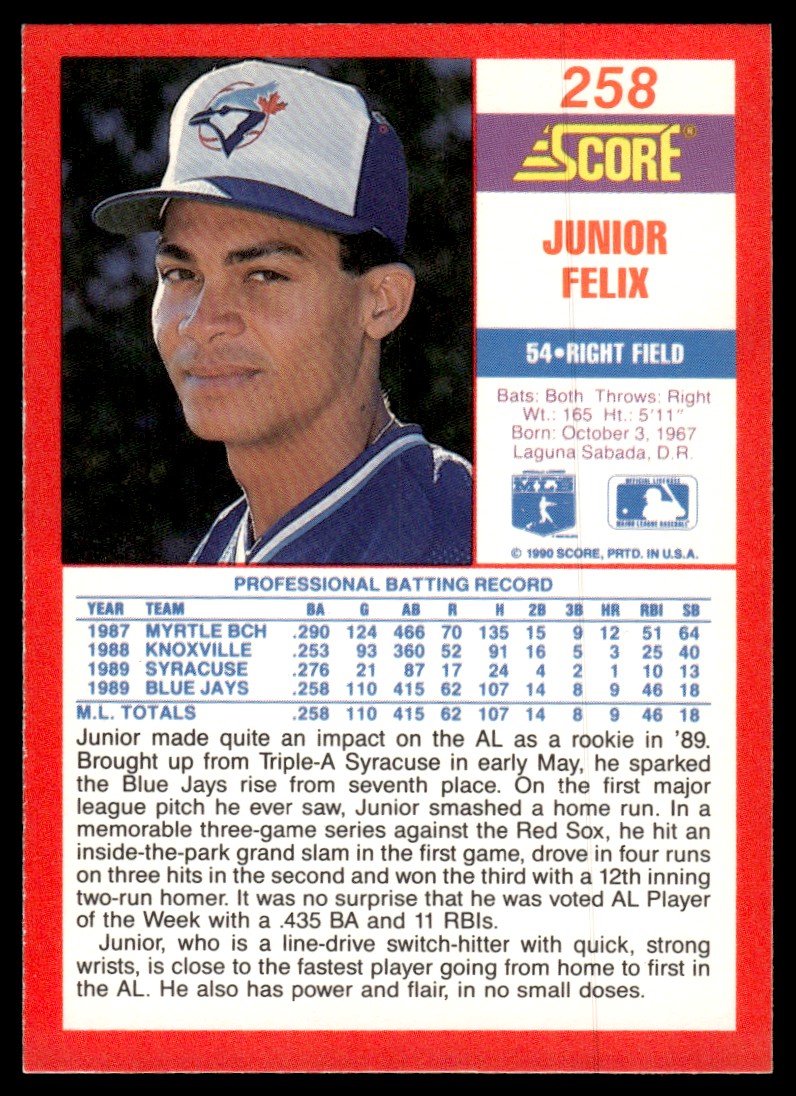 1990 Score Junior Felix #258 on Kronozio
