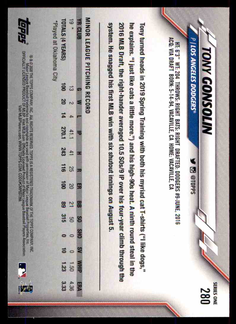 2020 Topps Series 1 RC Non Auto Tony Gonsolin #280 on Kronozio