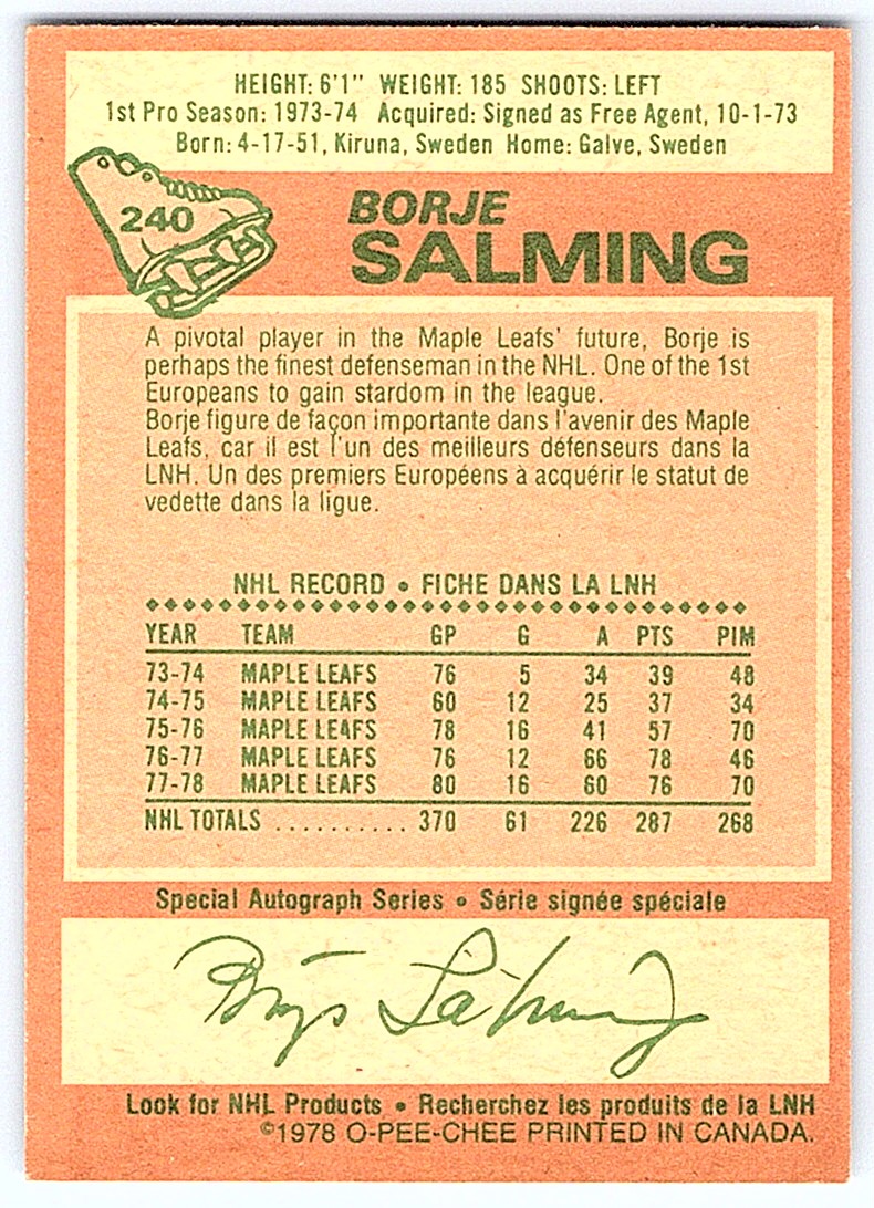 1978-79 O-Pee-Chee Borje Salming #240 on Kronozio