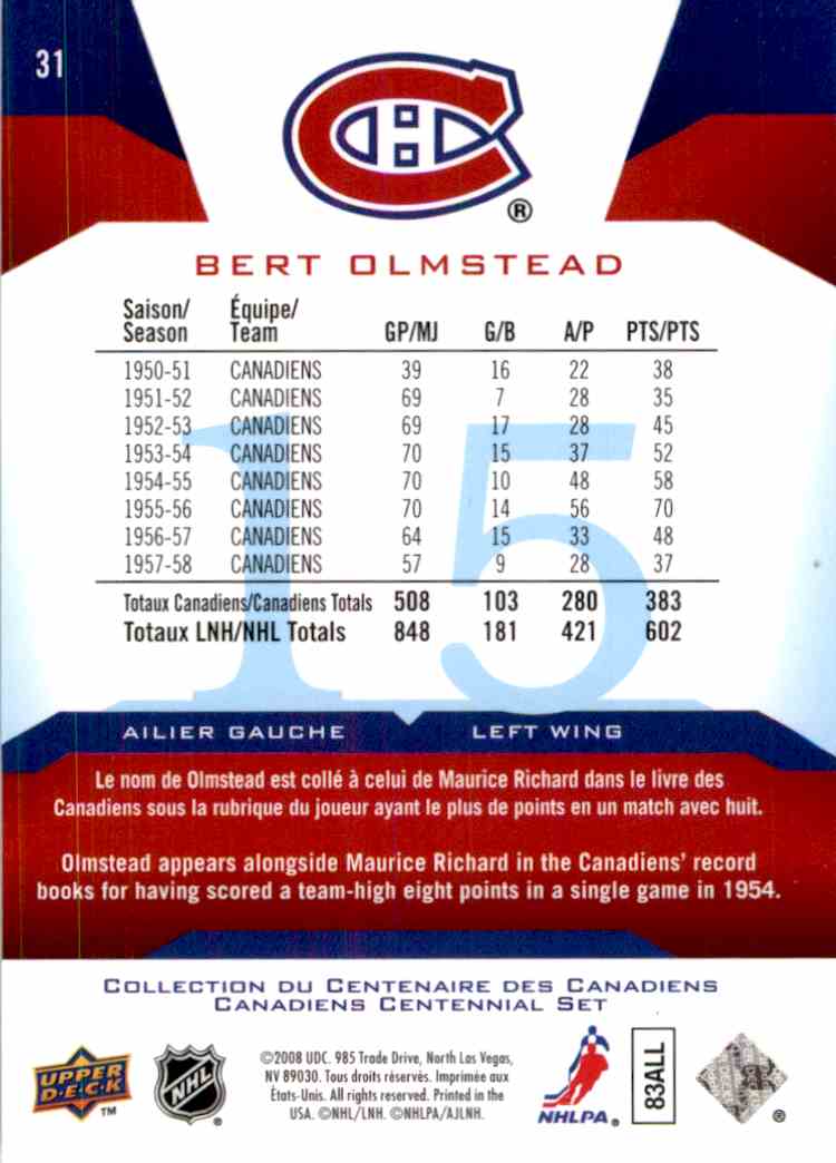 2008-09 Upper Deck Montreal Canadiens Centennial Set Bert Olmstead #31 ...