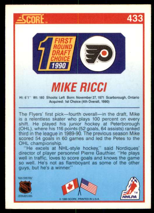 1990-91 Score American Mike Ricci #433 on Kronozio