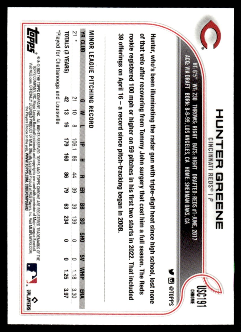 2022 Topps Chrome Update Purple Refractor Hunter Greene #USC191 on Kronozio