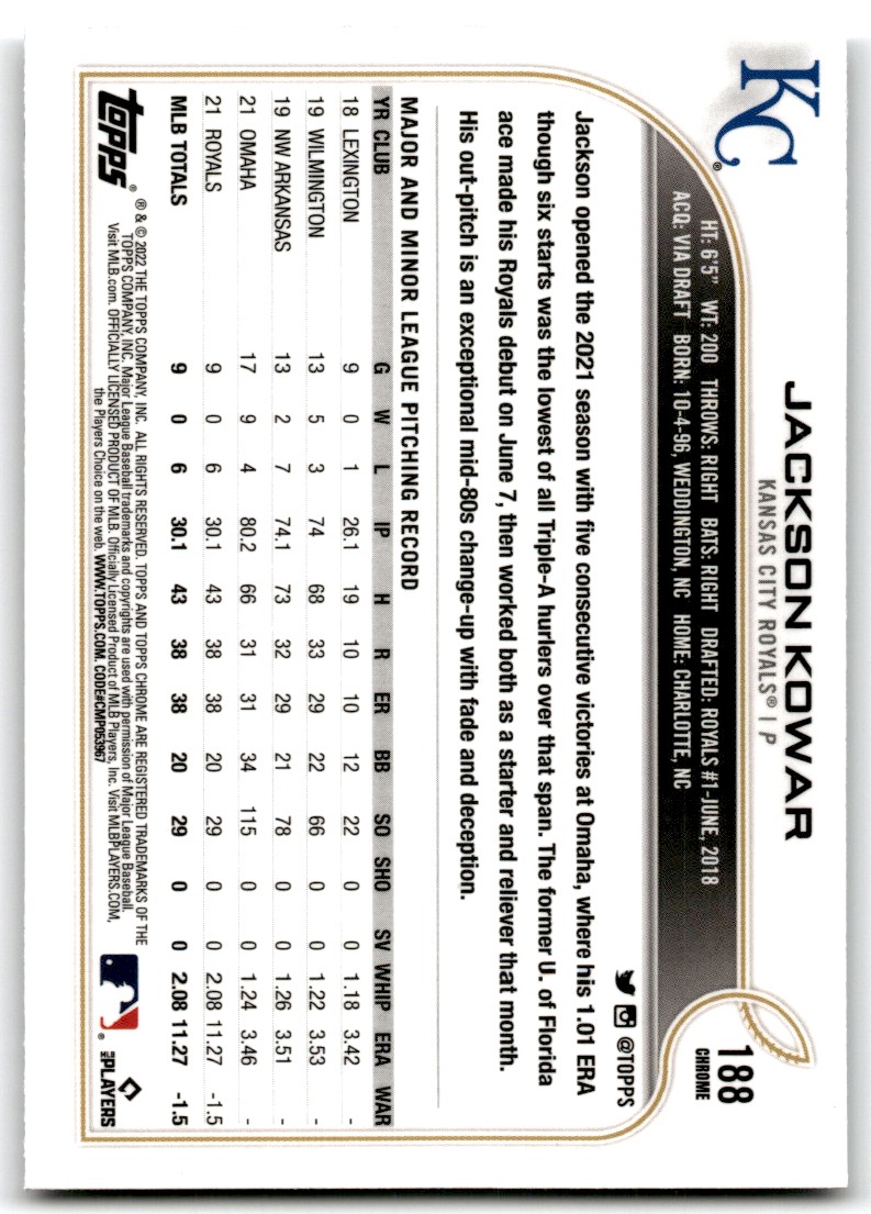 2022 Topps Chrome Jackson Kowar #188 on Kronozio