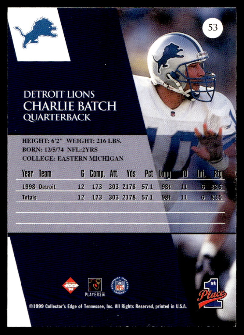 1999 Collector's Edge First Place Charlie Batch #53 on Kronozio