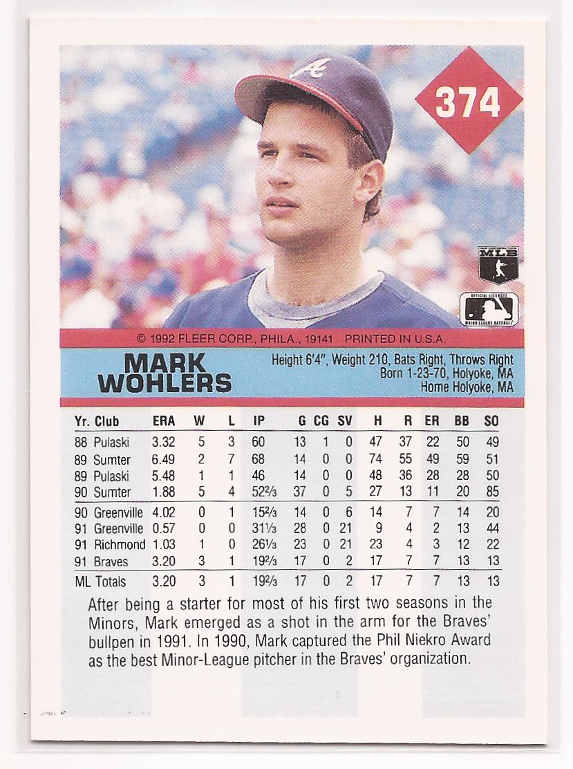 1992 Fleer Mark Wohlers #374 on Kronozio