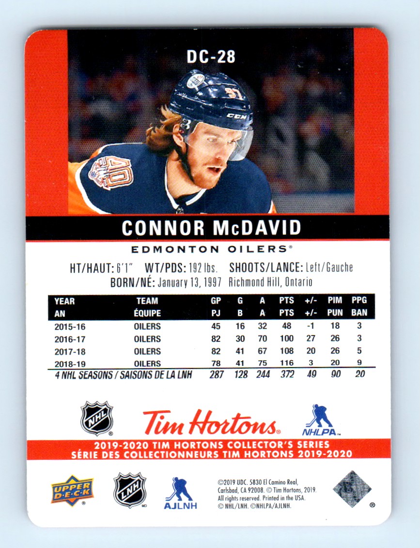 2019-20 Upper Deck Tim Hortons Red Die Cut ! Connor McDavid #DC-28 on ...