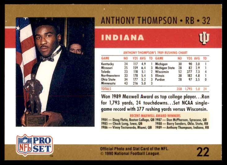 1990 Pro Set Anthony Thompson #22 on Kronozio