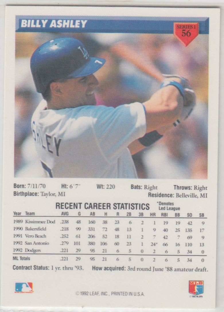 1993 Donruss Billy Ashley #56 on Kronozio